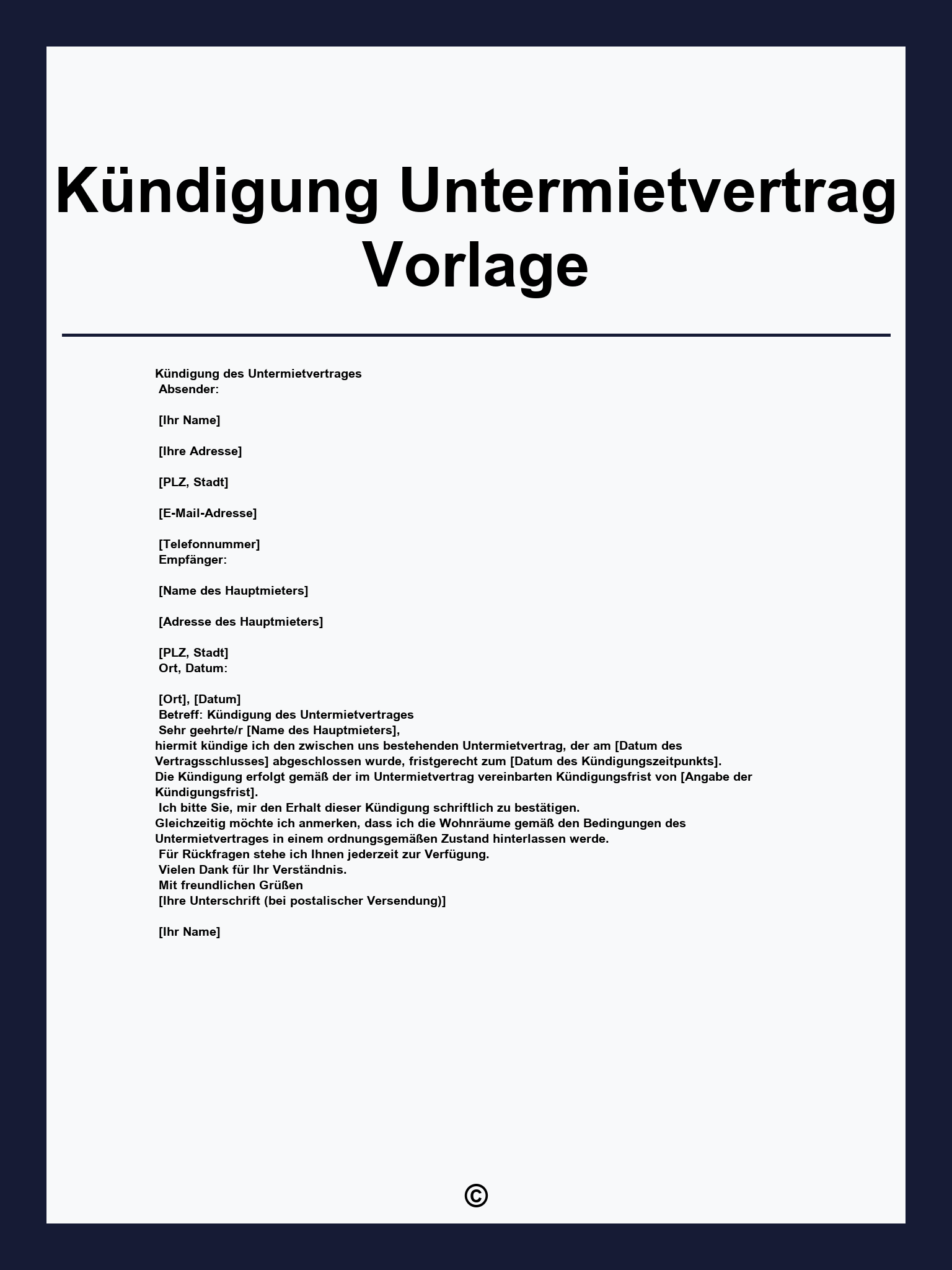 Kündigung Untermietvertrag Vorlage